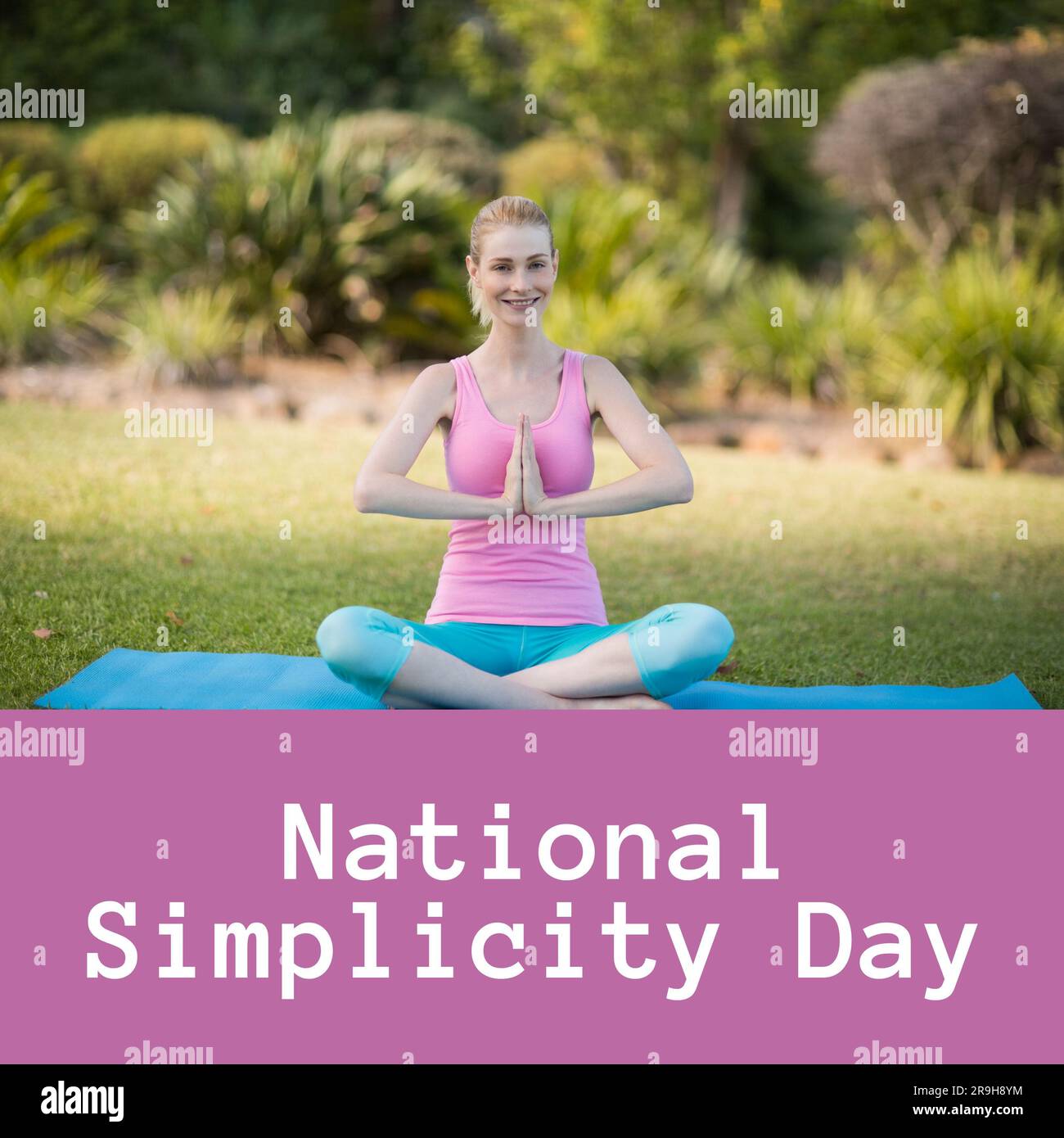 Composition of national simplicity day text over caucasian woman ...
