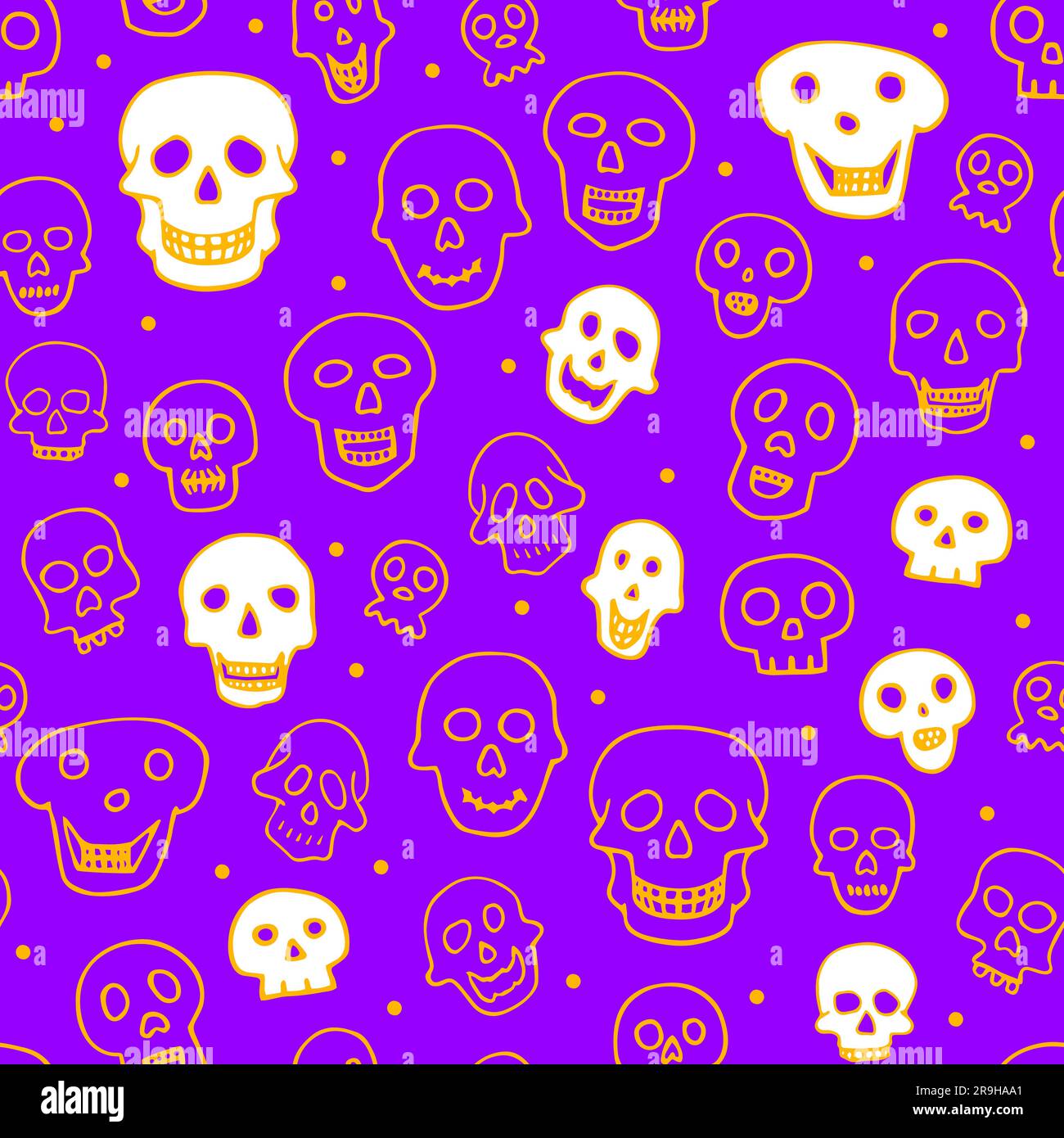Doodle Halloween sculls seamless pattern. Outline Skeleton on violet ...