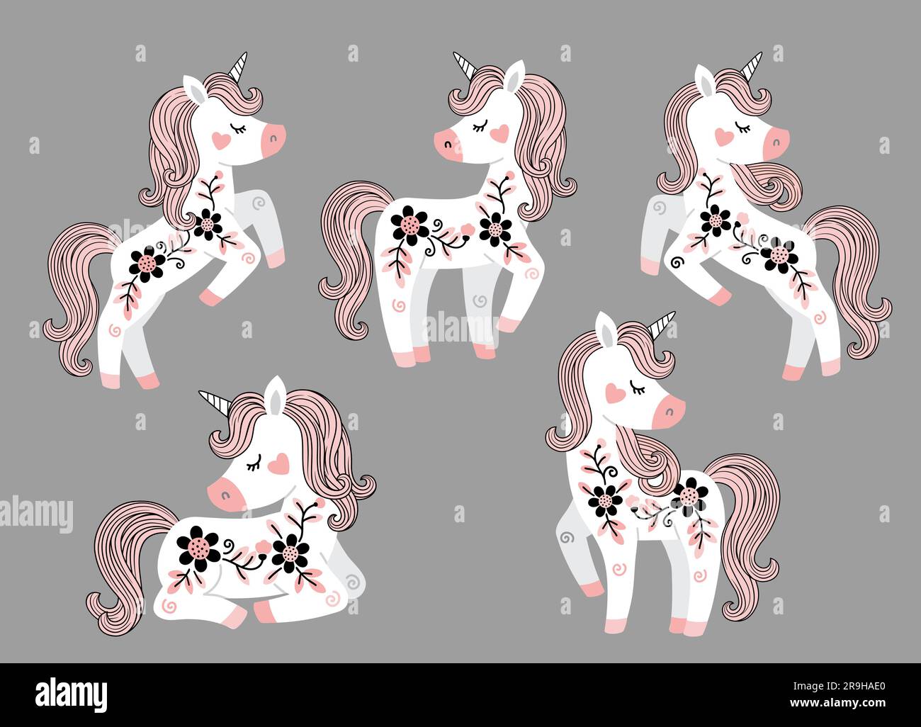 Vector set of beautiful white unicorns with flowers and pink tail and mane Stock Vector Image ...