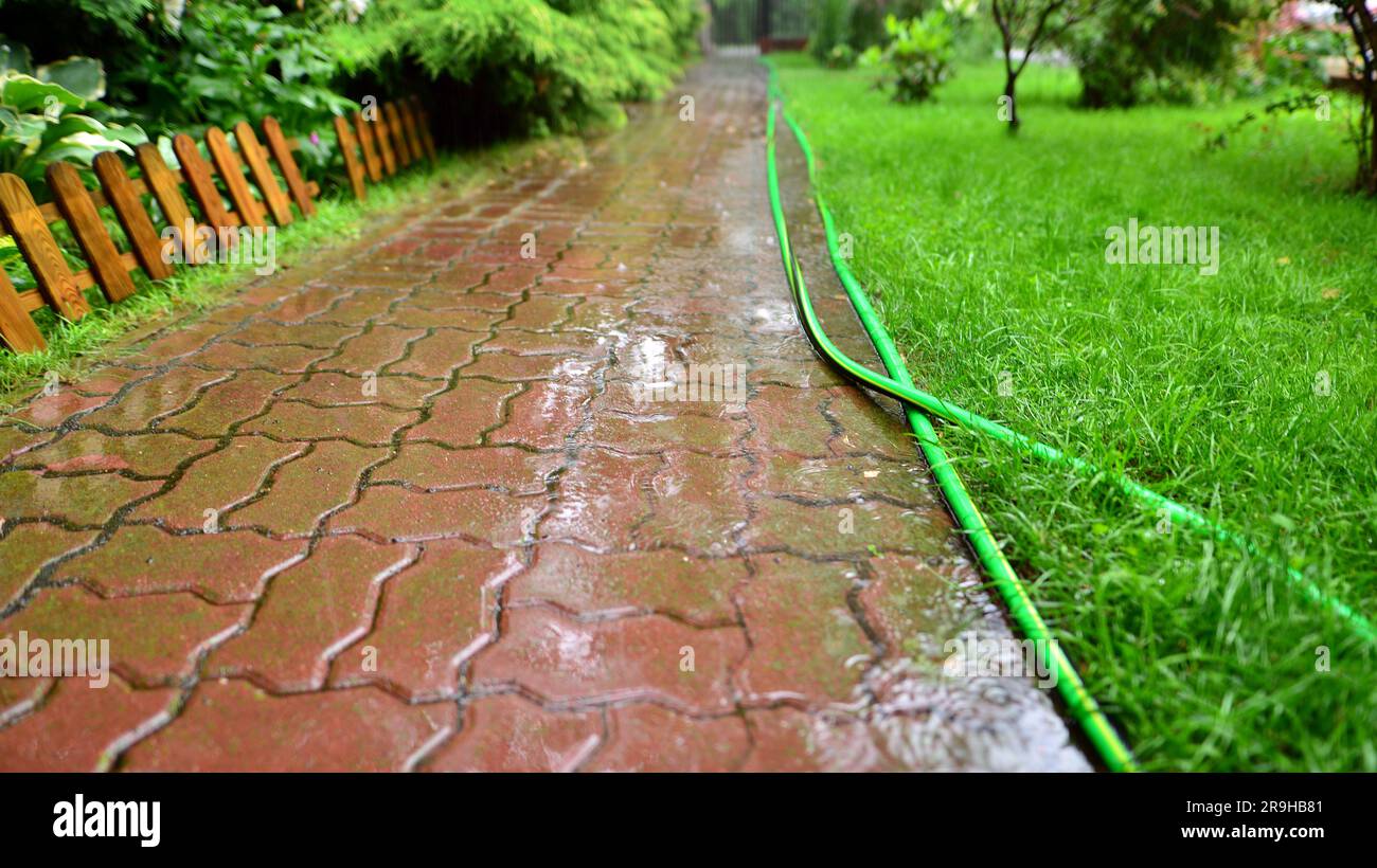 Drops of heavy rain on sidewalk surface. Rain water on the surface of ...