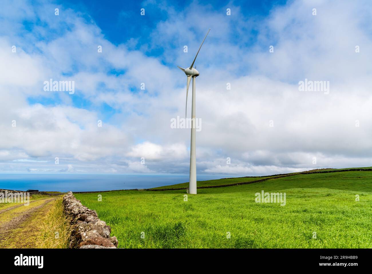 Panoramic view of wind farm or wind park, with high wind turbines for ...