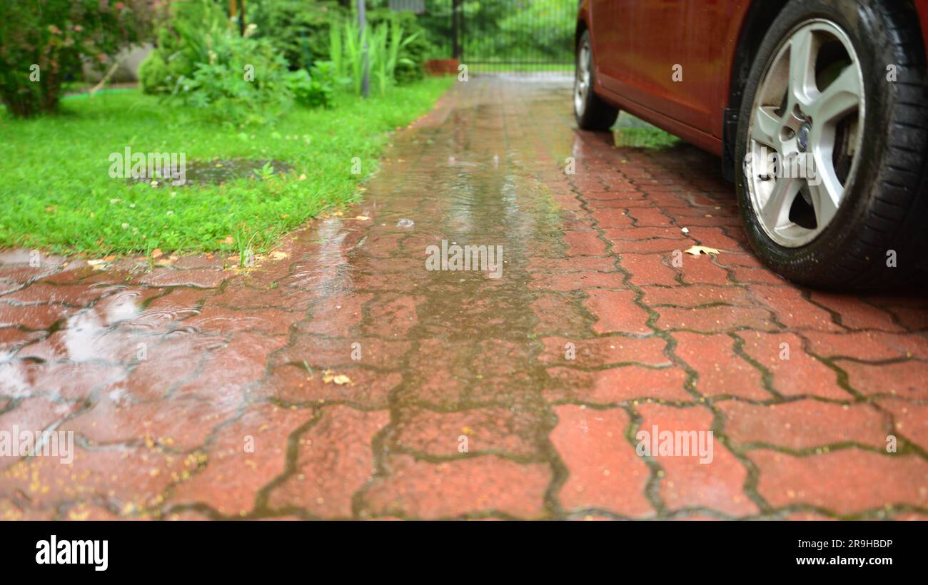 Drops of heavy rain on sidewalk surface. Rain water on the surface of ...