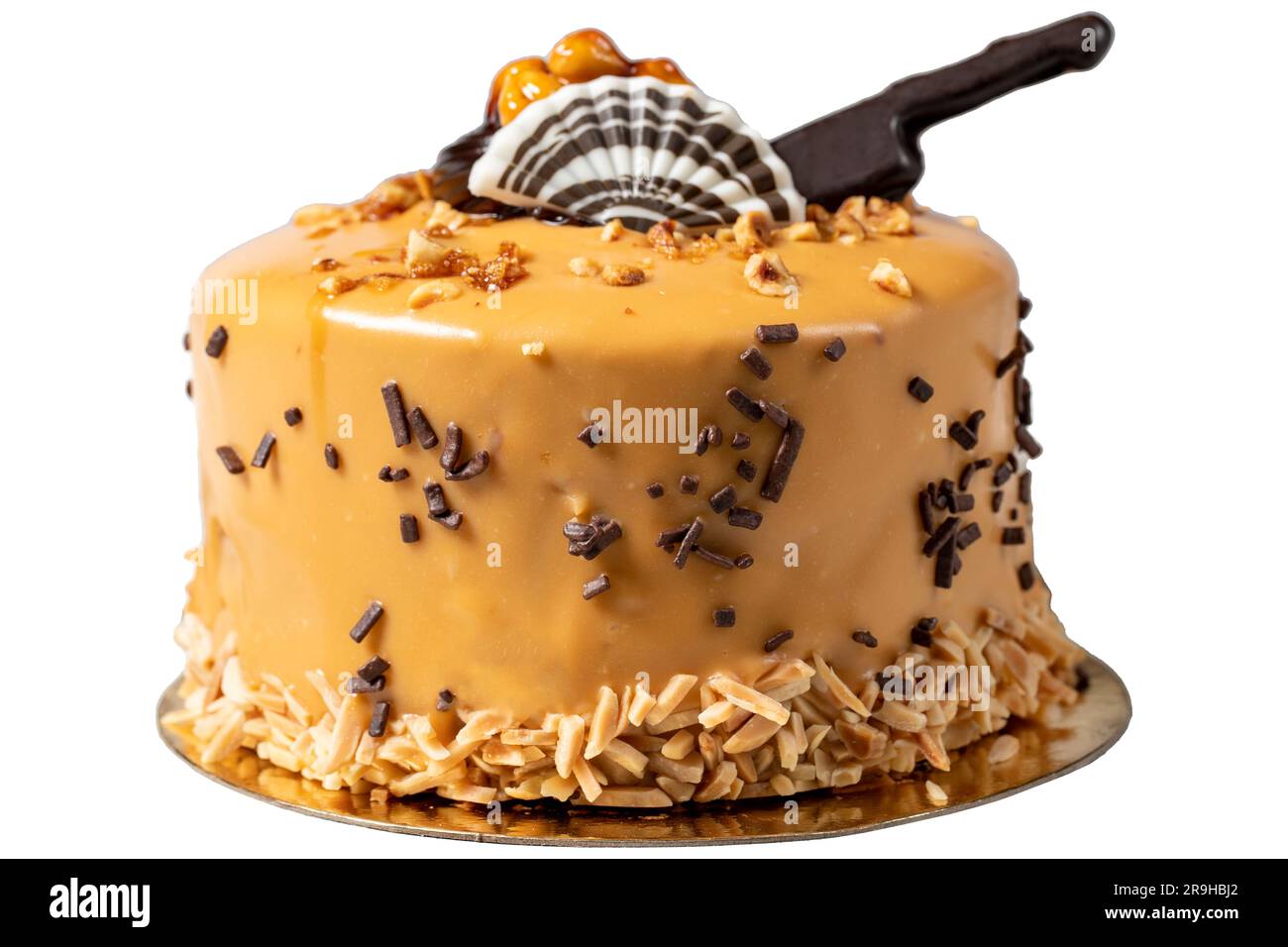 Caramel cake isolated on white background. Chocolate and hazelnut ...
