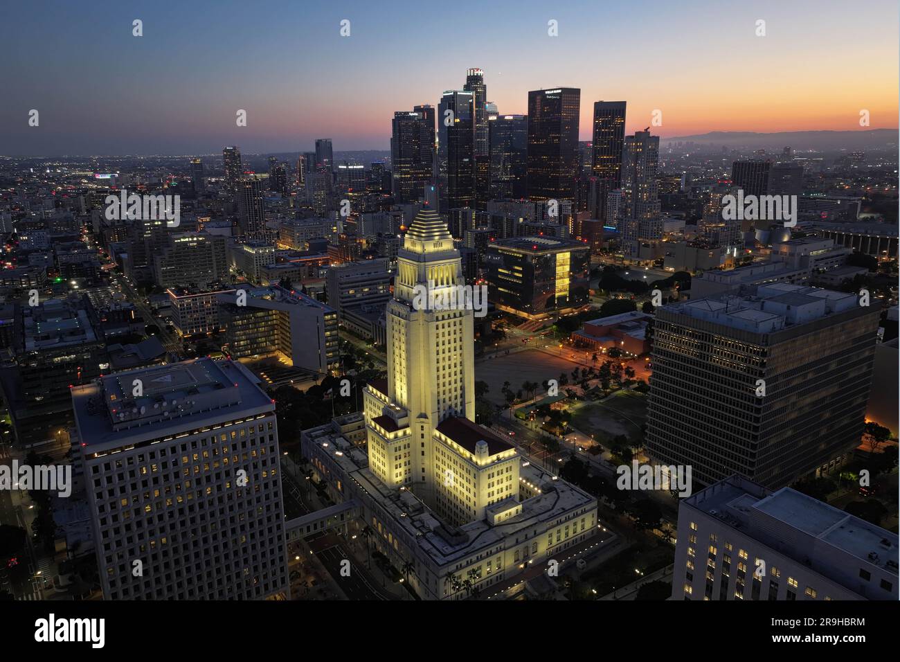 A general overall aerial view of City Hall and downtown skyline, Monday ...