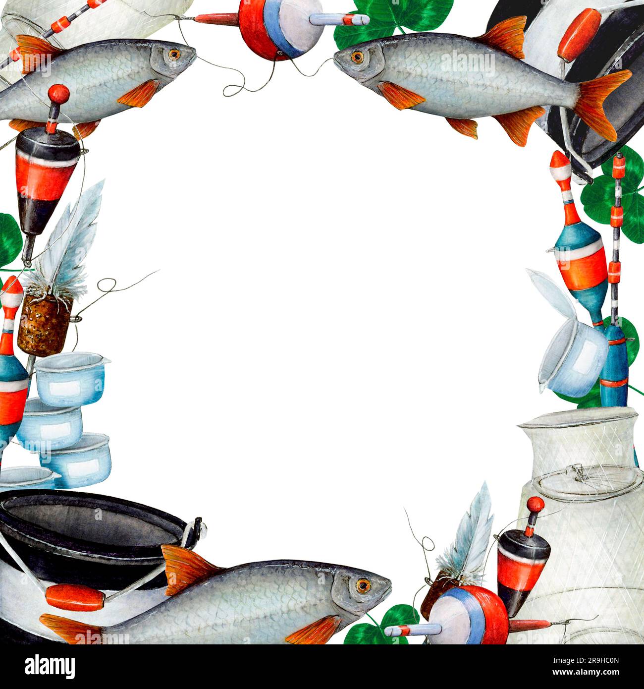 Watercolor drawing square frame from various fishing bobblers, fish ...