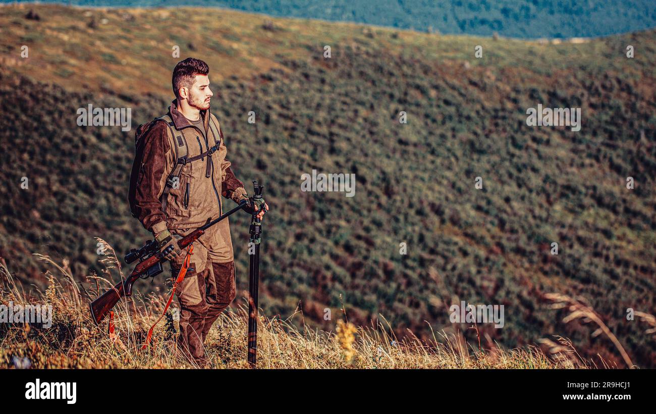Hunter is aiming. The man is on the hunt. Hunt hunting rifle. Hunter ...