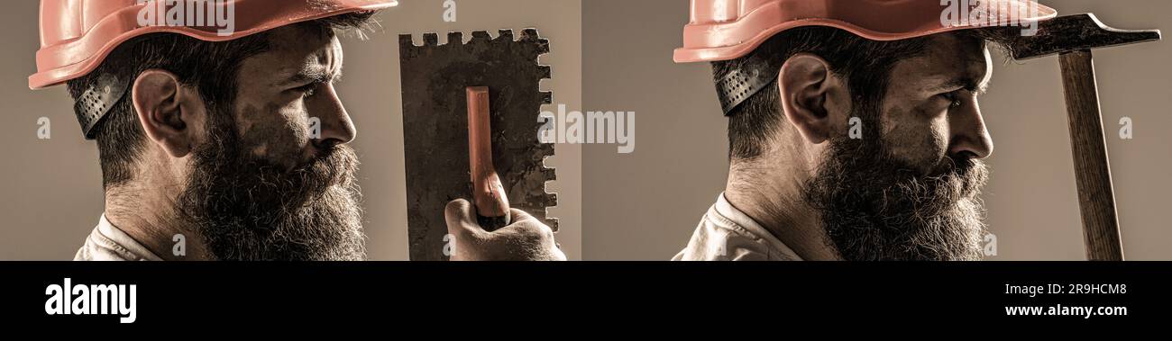 Builder in helmet, hammer, handyman, builders in hardhat. Bearded man ...