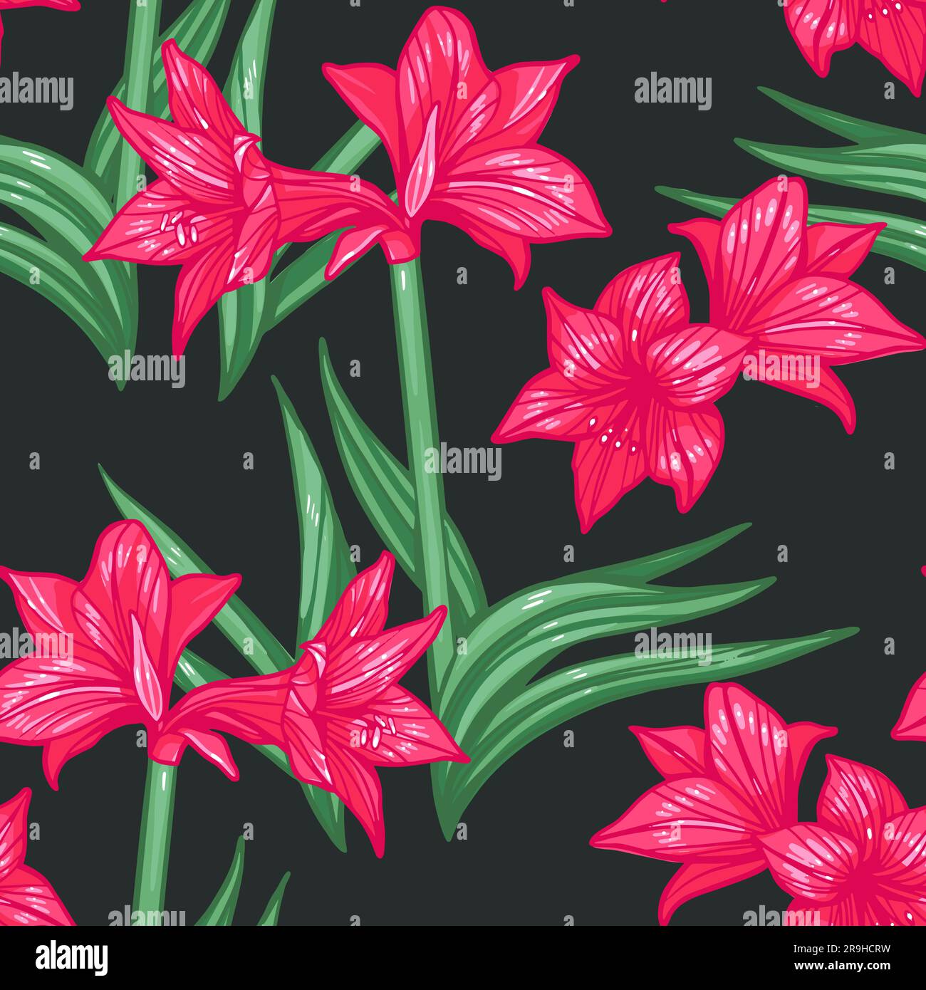 Vector Seamless Amaryllis Floral Hand-drawn Pattern. Hippeastrum Flower background for your ...