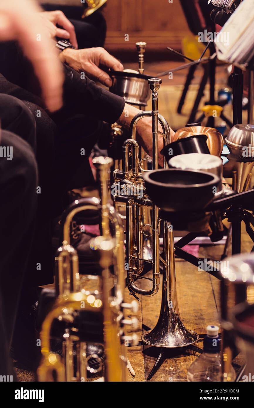 The trumpets in a row during rehearsal Stock Photo - Alamy
