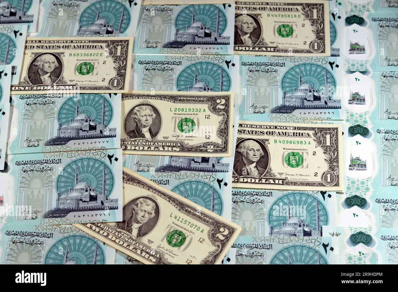 Background of USD American dollars money bills with the new Egyptian 20 ...