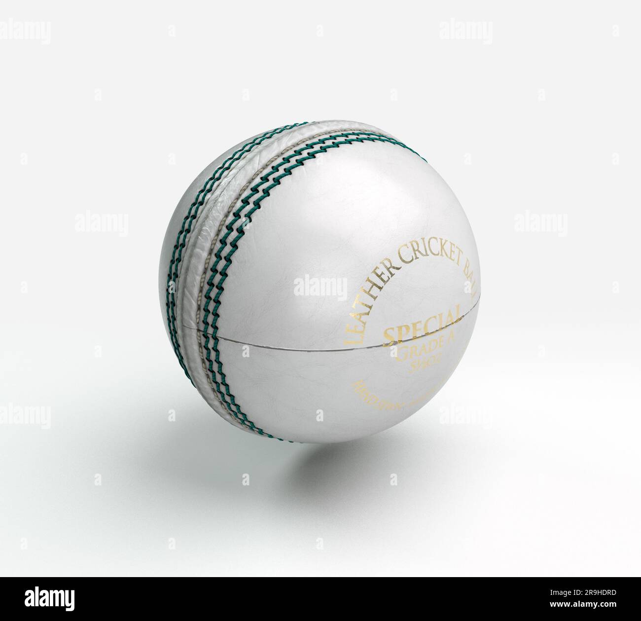 A regular white cricket ball with green stitching on an isolated ...