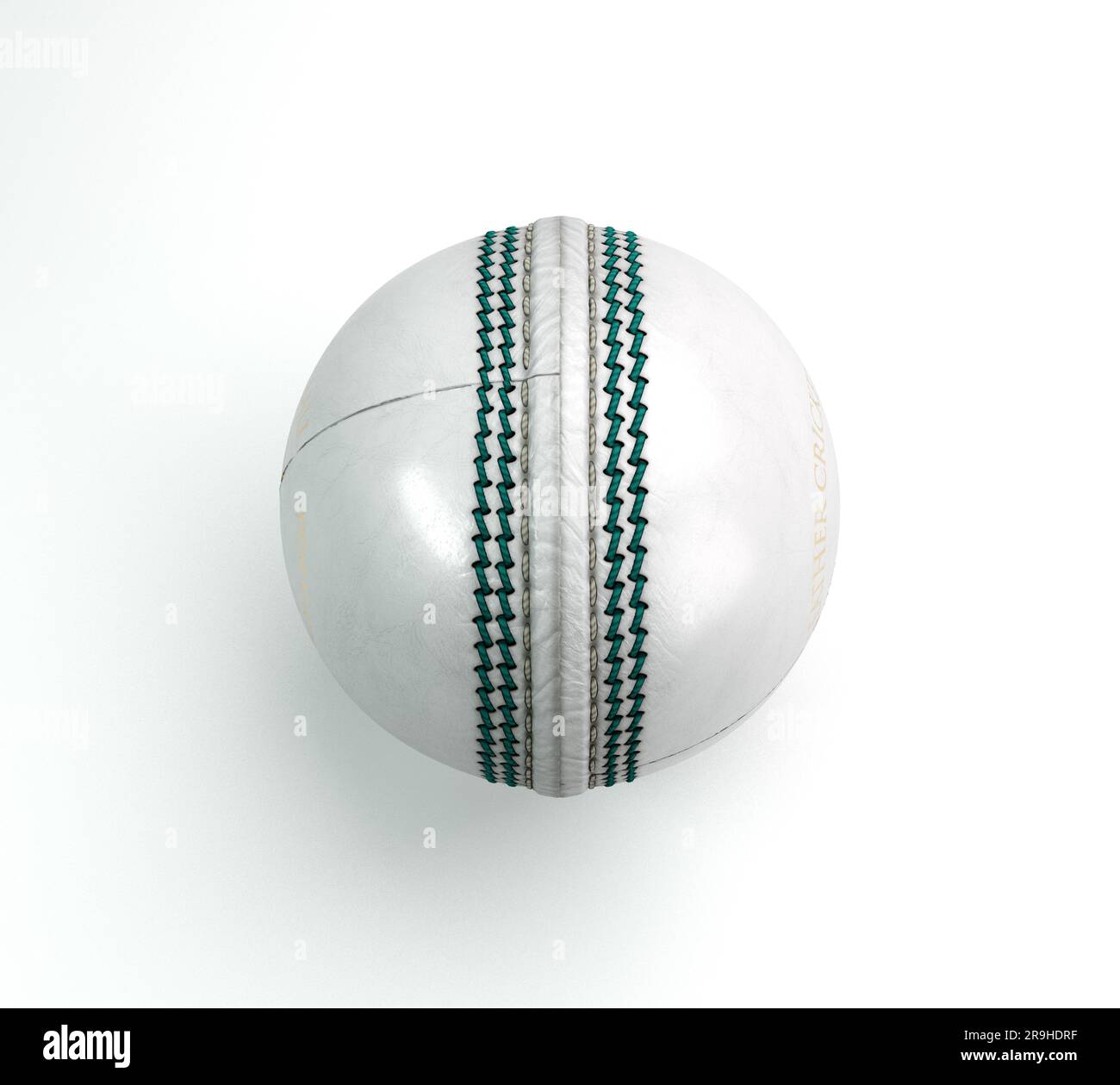 A regular white cricket ball with green stitching on an isolated ...