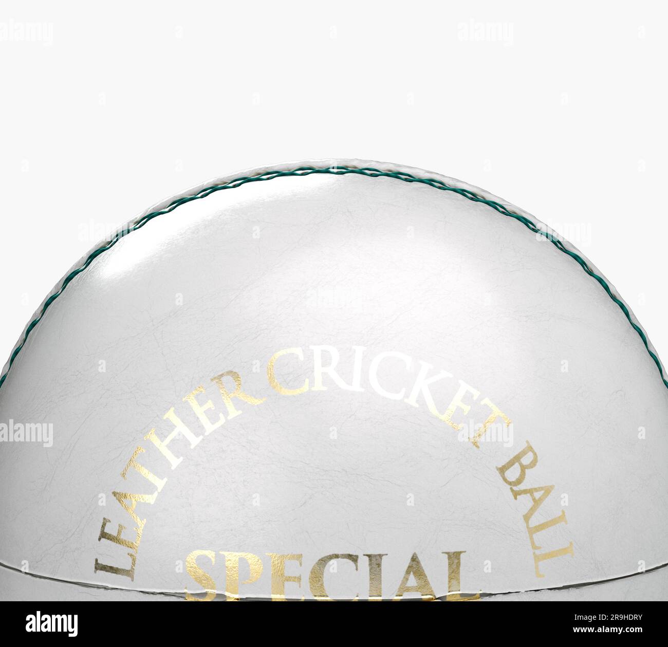 A regular white cricket ball with green stitching on an isolated ...