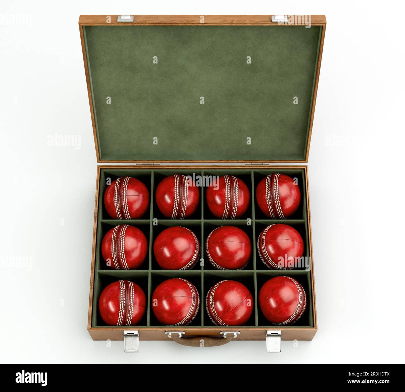 Twelve generic red cricket balls in a wooden display box lined with ...