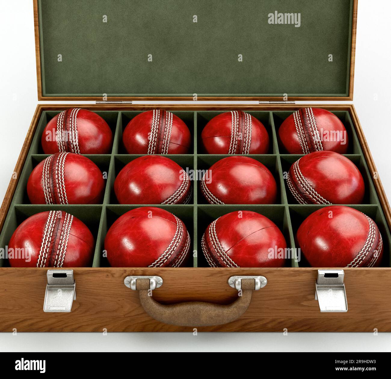 Twelve generic red cricket balls in a wooden display box lined with ...