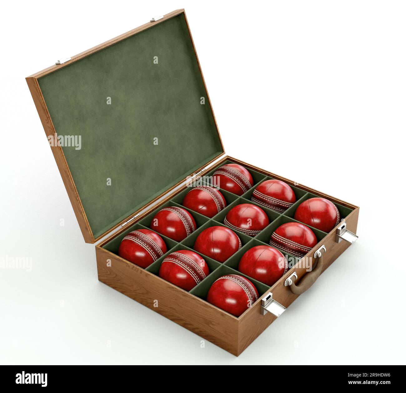 Twelve generic red cricket balls in a wooden display box lined with ...