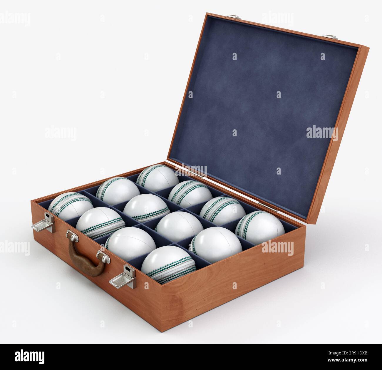 Twelve generic white cricket balls in a wooden display box lined with ...