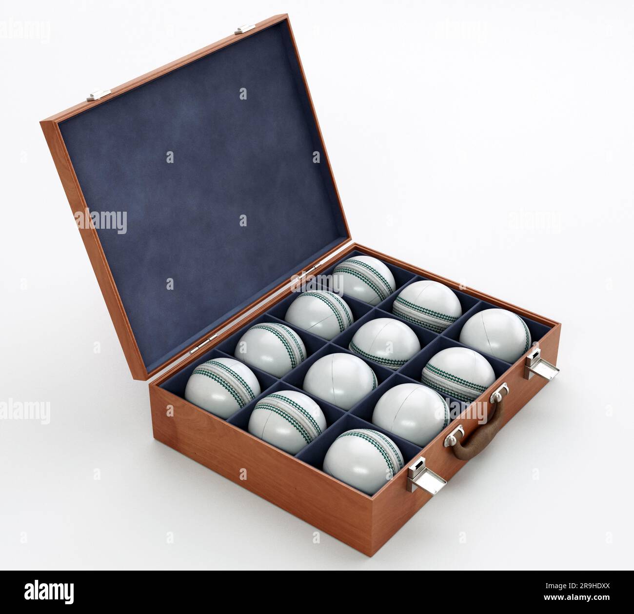 Twelve generic white cricket balls in a wooden display box lined with ...