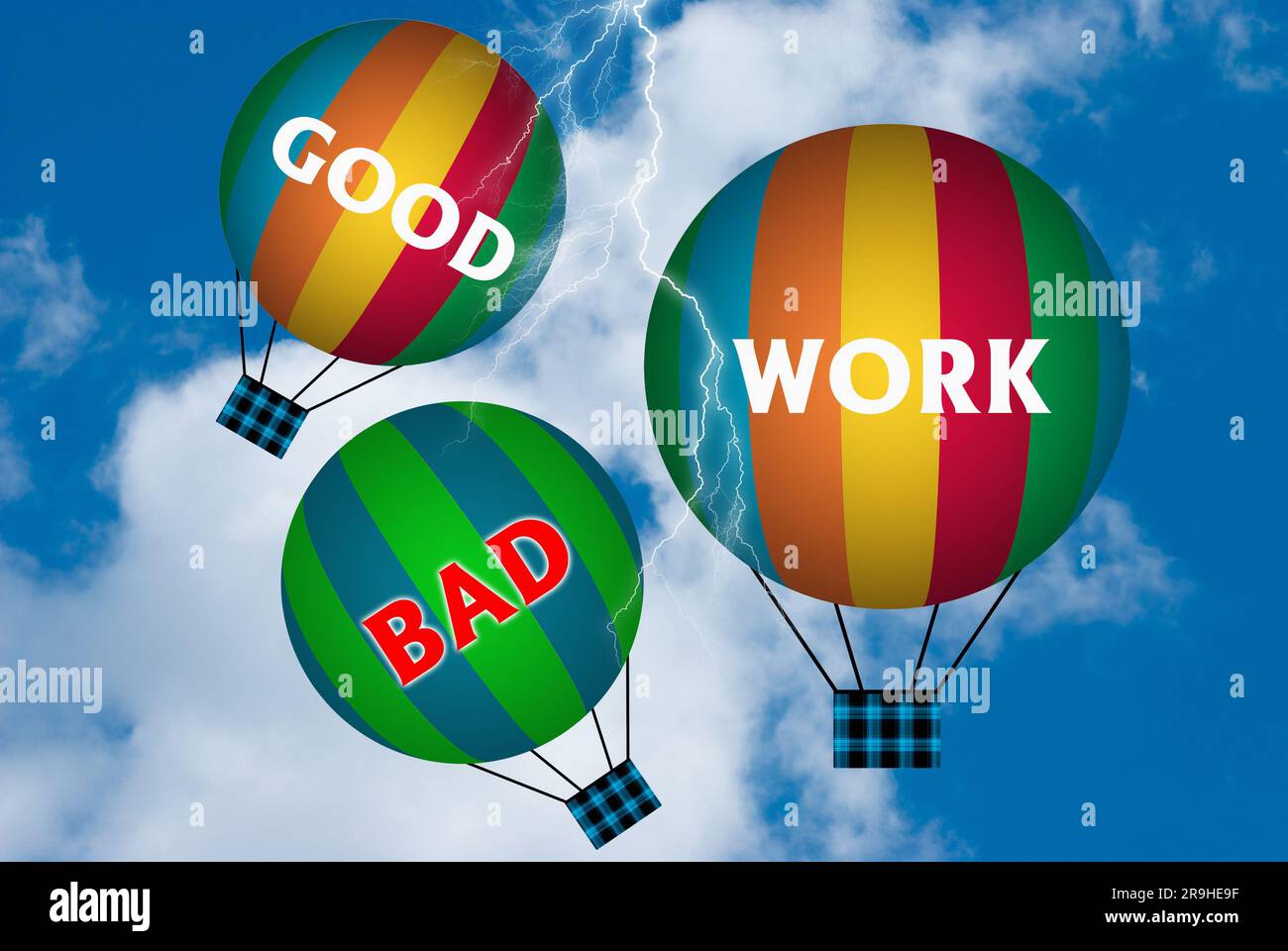 Hot air balloons with Good or bad work concept. Abstract background. 3d ...