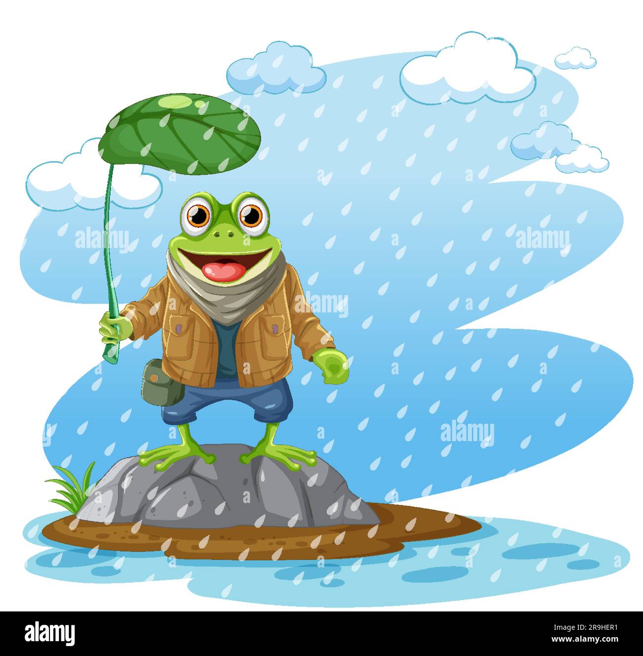 Green Frog Cartoon Character Holding Leaf Umbrella illustration Stock ...