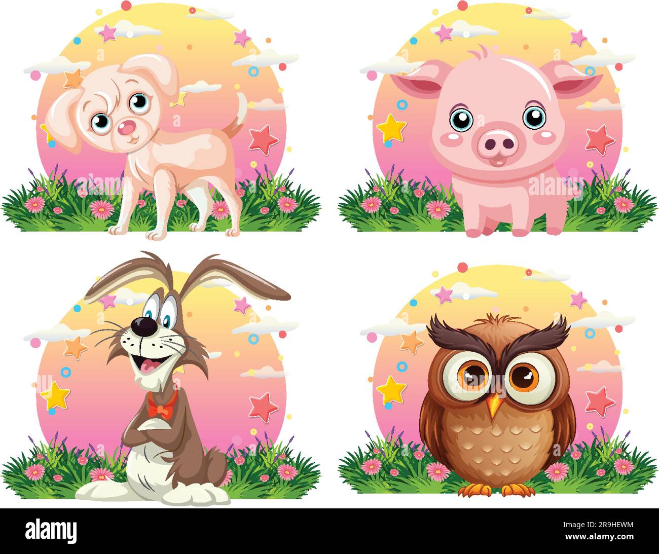Animal on cute flower field cartoon illustration Stock Vector Image ...