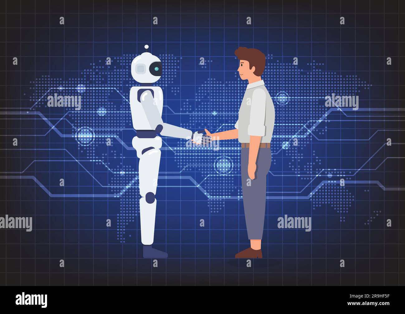 Handshake between man and robot over the abstract technology background ...