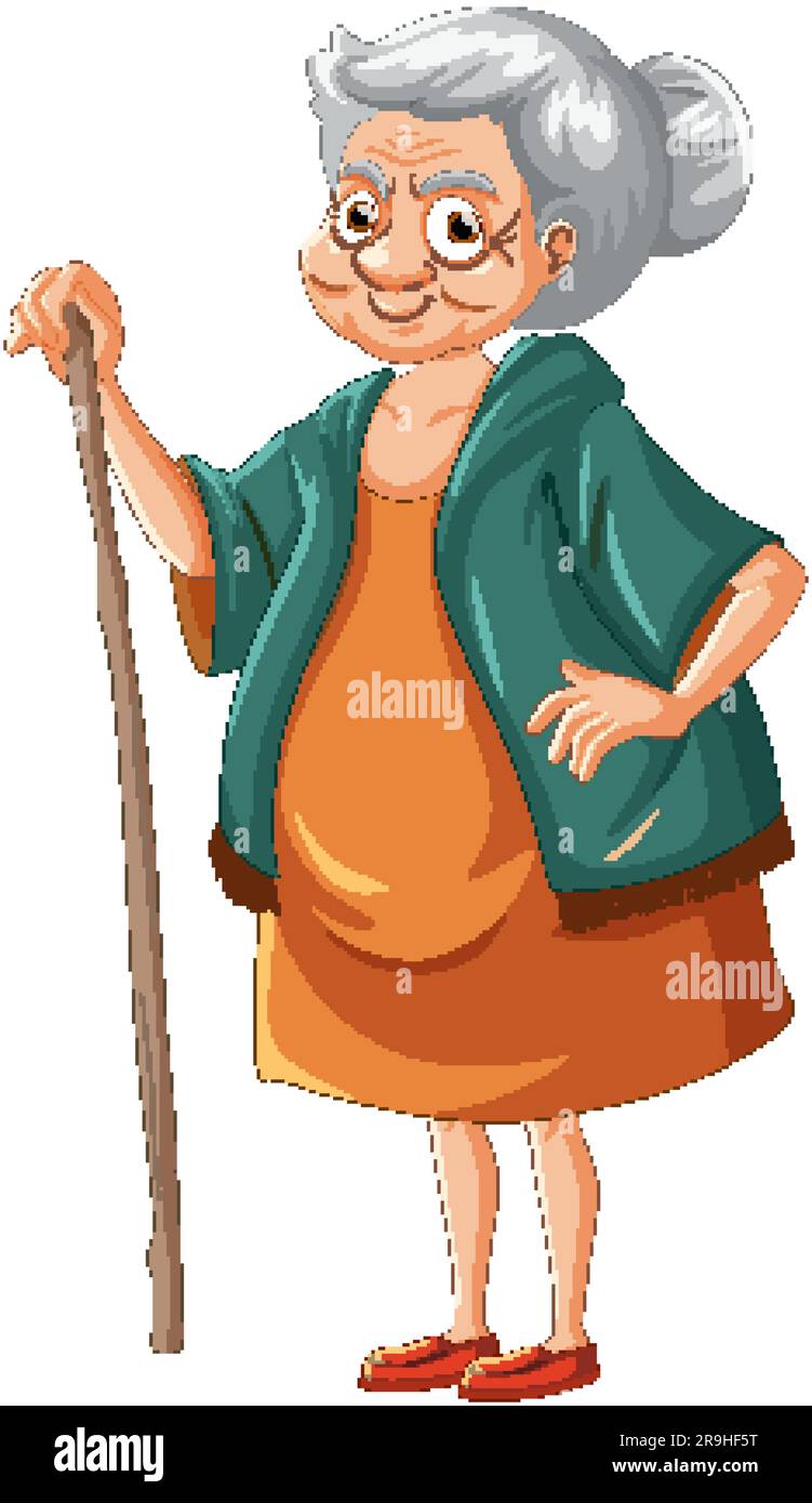 Kind old woman cartoon character with woody stick illustration Stock ...