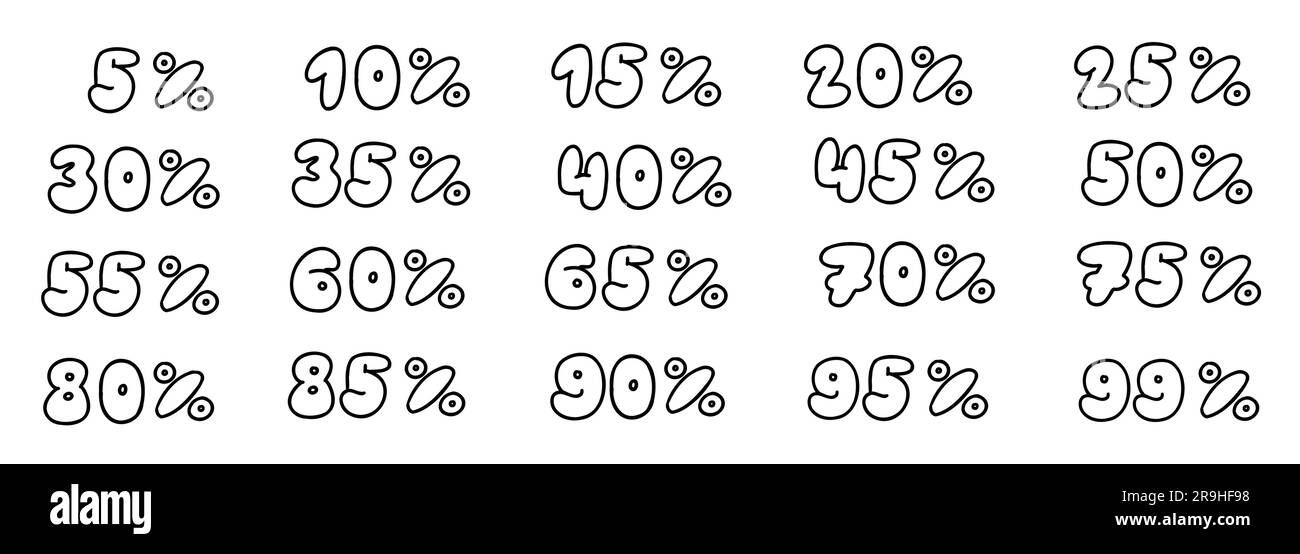 Hand drawn 5 to 99 percent off black ink discount logo special offer lettering. Vector design ...