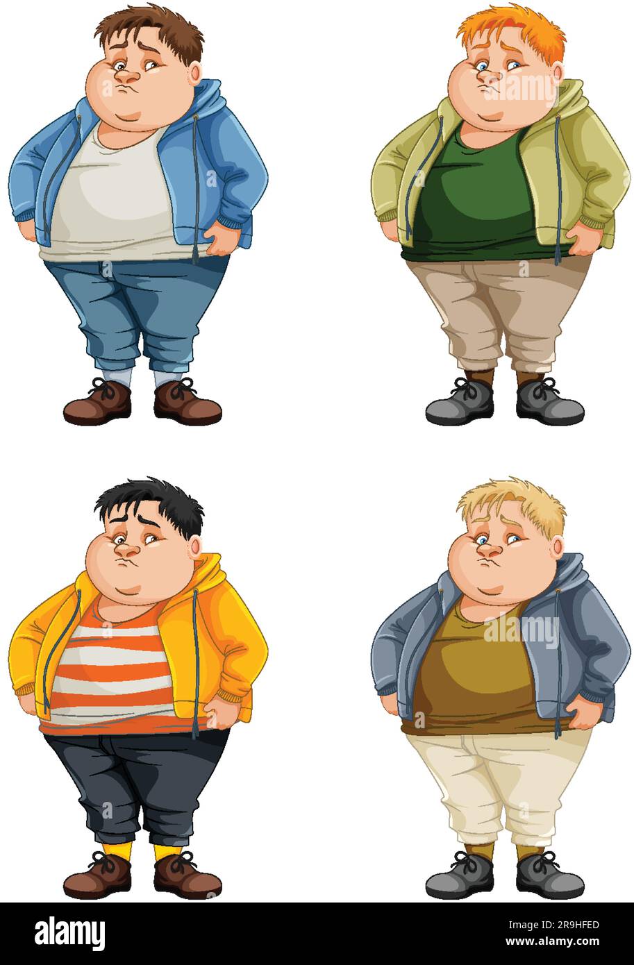 Set of overweight upset boy cartoon character in different outfit ...