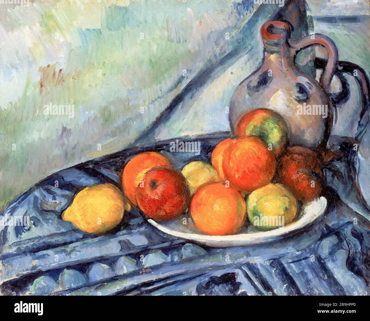 Paul Cezanne, Fruit and a Jug on a Table, still life painting in oil on ...