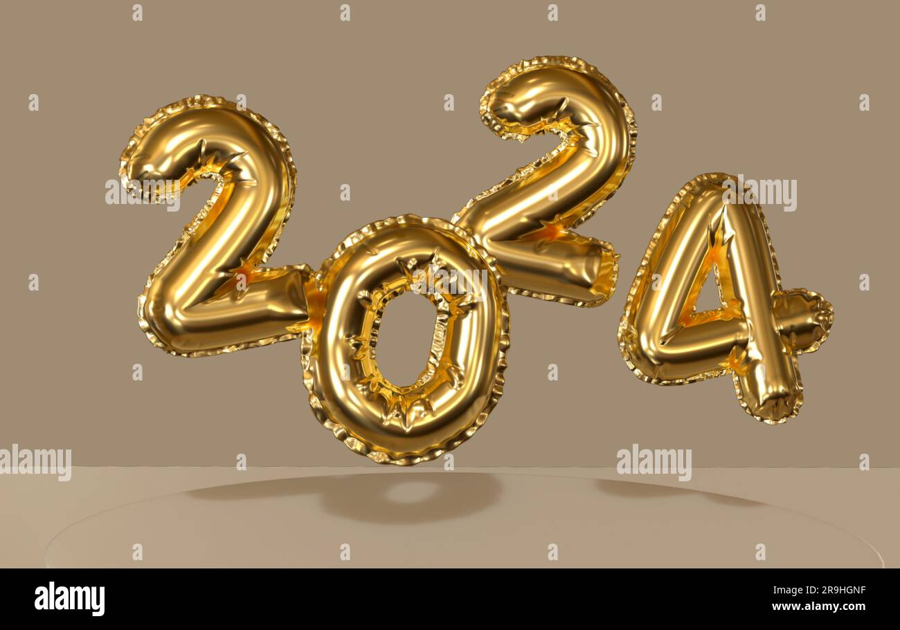 2024 New Year. 3D illustration of numbers 2024. beige background, gold ...