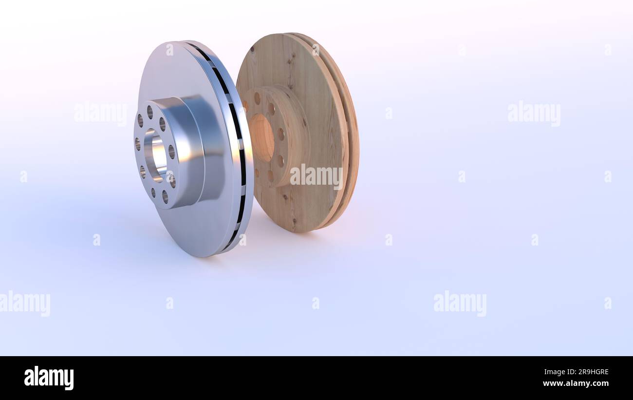 3D render - two car brake discs, one metal, the second wooden, on a ...