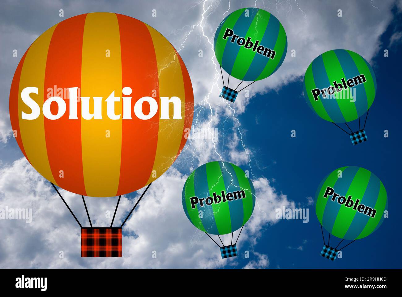 Hot air balloons with SOLUTION concept. Abstract background, Thinking ...