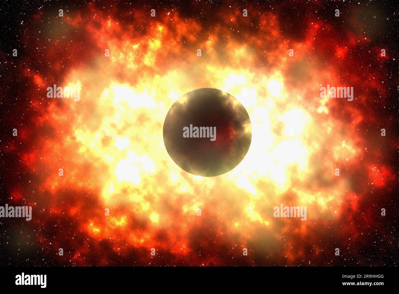 Explosion in deep space and a nebula. Red, yellow and orange fusion ...