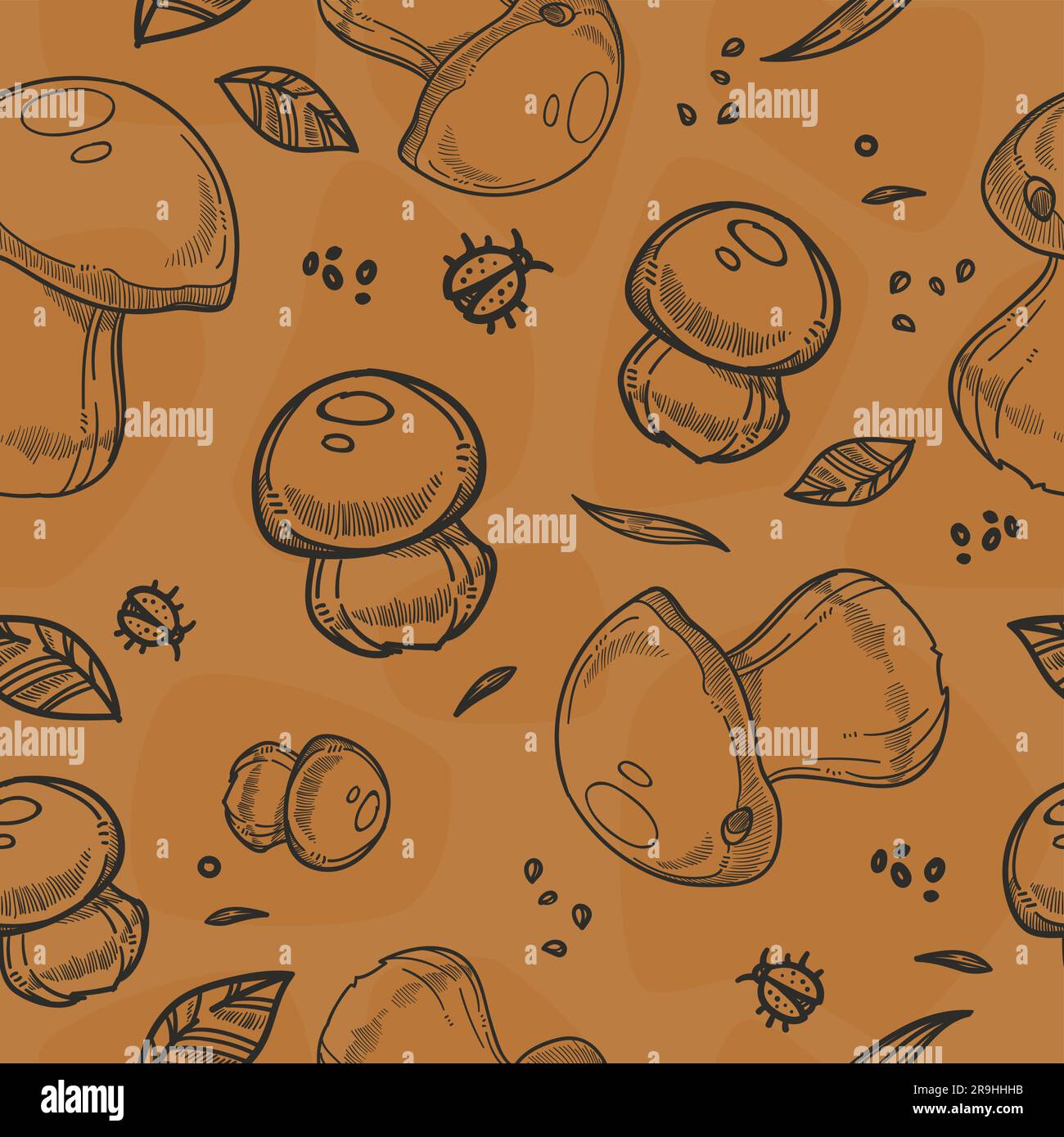 Organic mushroom and leaves, bugs seamless print Stock Vector Image ...