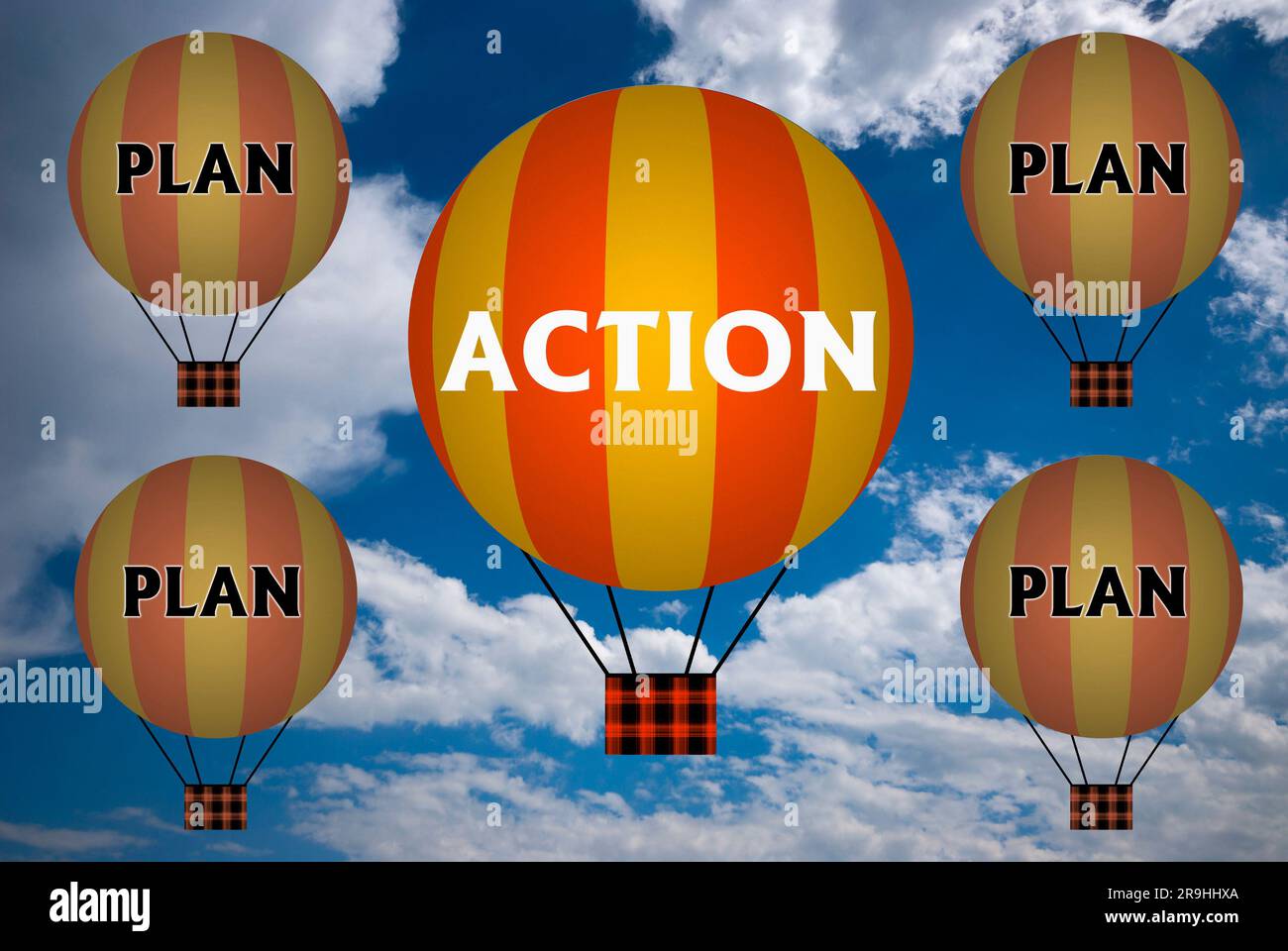 Hot air balloons with Plan and Action concept. Abstract background ...
