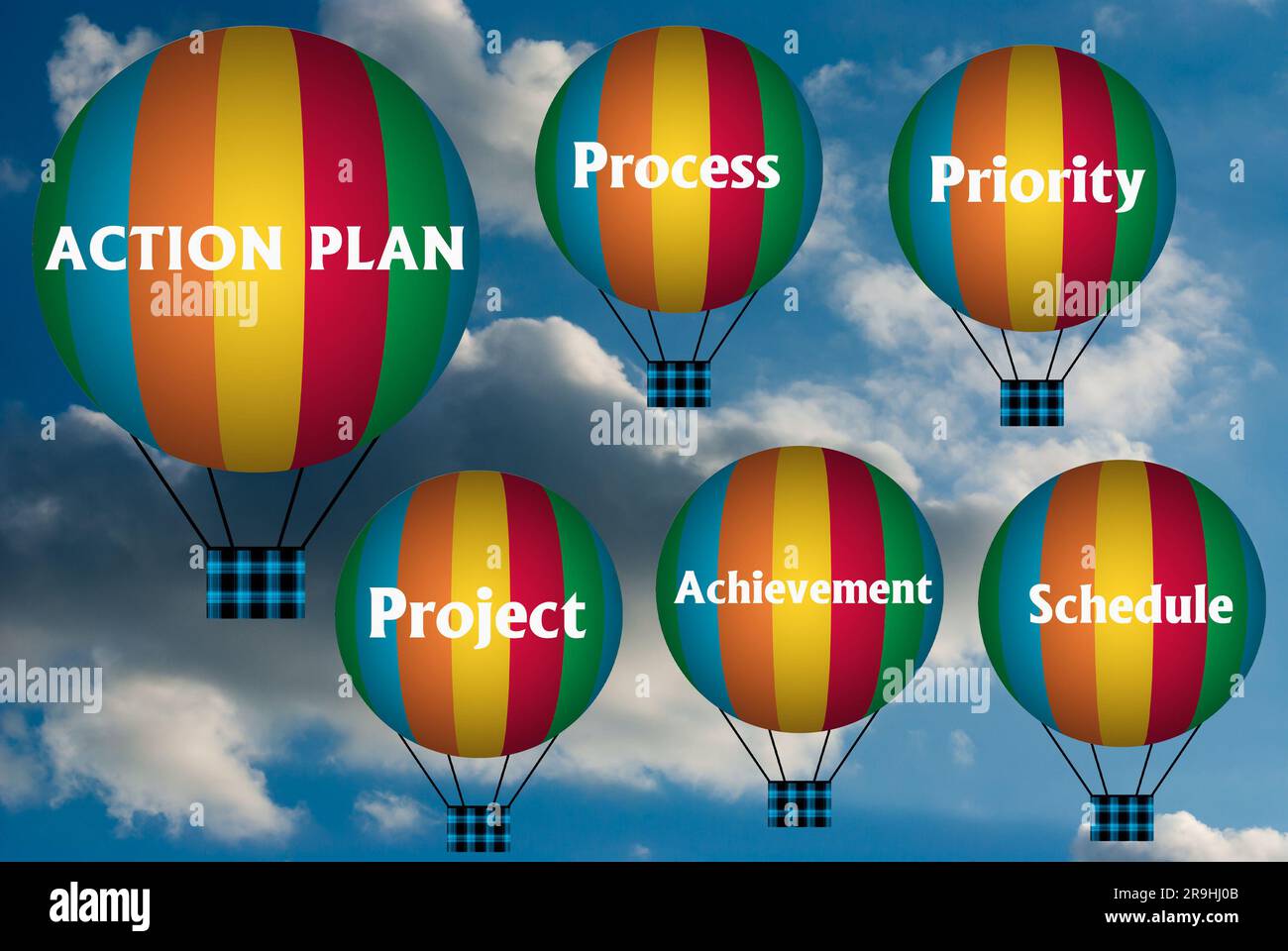 Hot air balloons with ACTION PLAN concept. Abstract background ...
