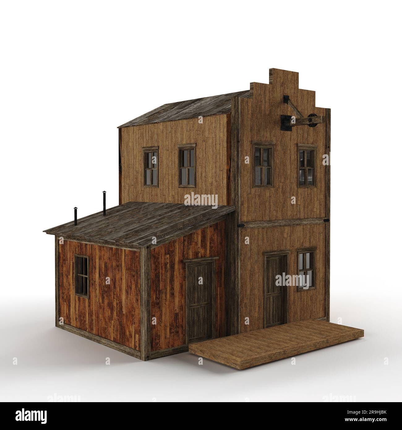A 3D rendered scale model of an old wild west style building with a ...