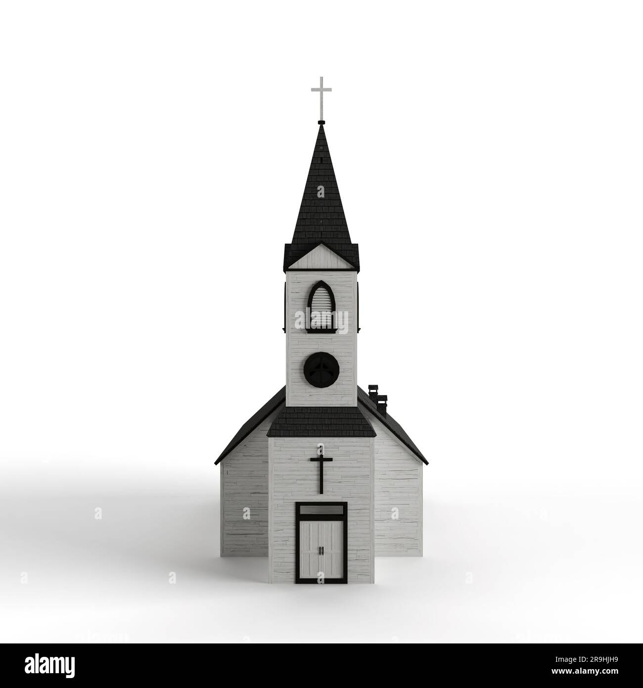A 3D rendered scale model of a traditional white church from the front ...