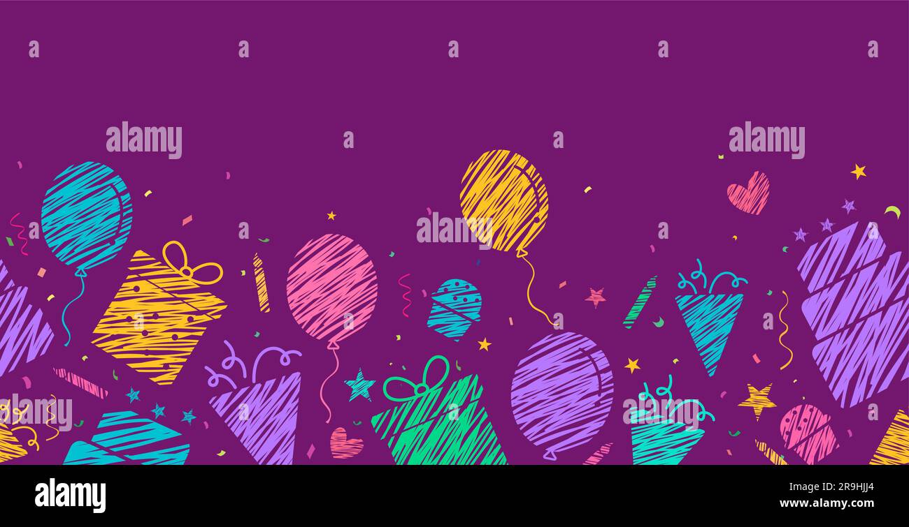 Birthday seamless vector design. Birthday party elements in purple ...