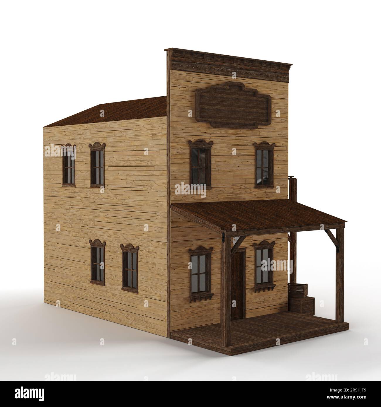 A 3D rendered scale model of a rustic wild west style two story ...