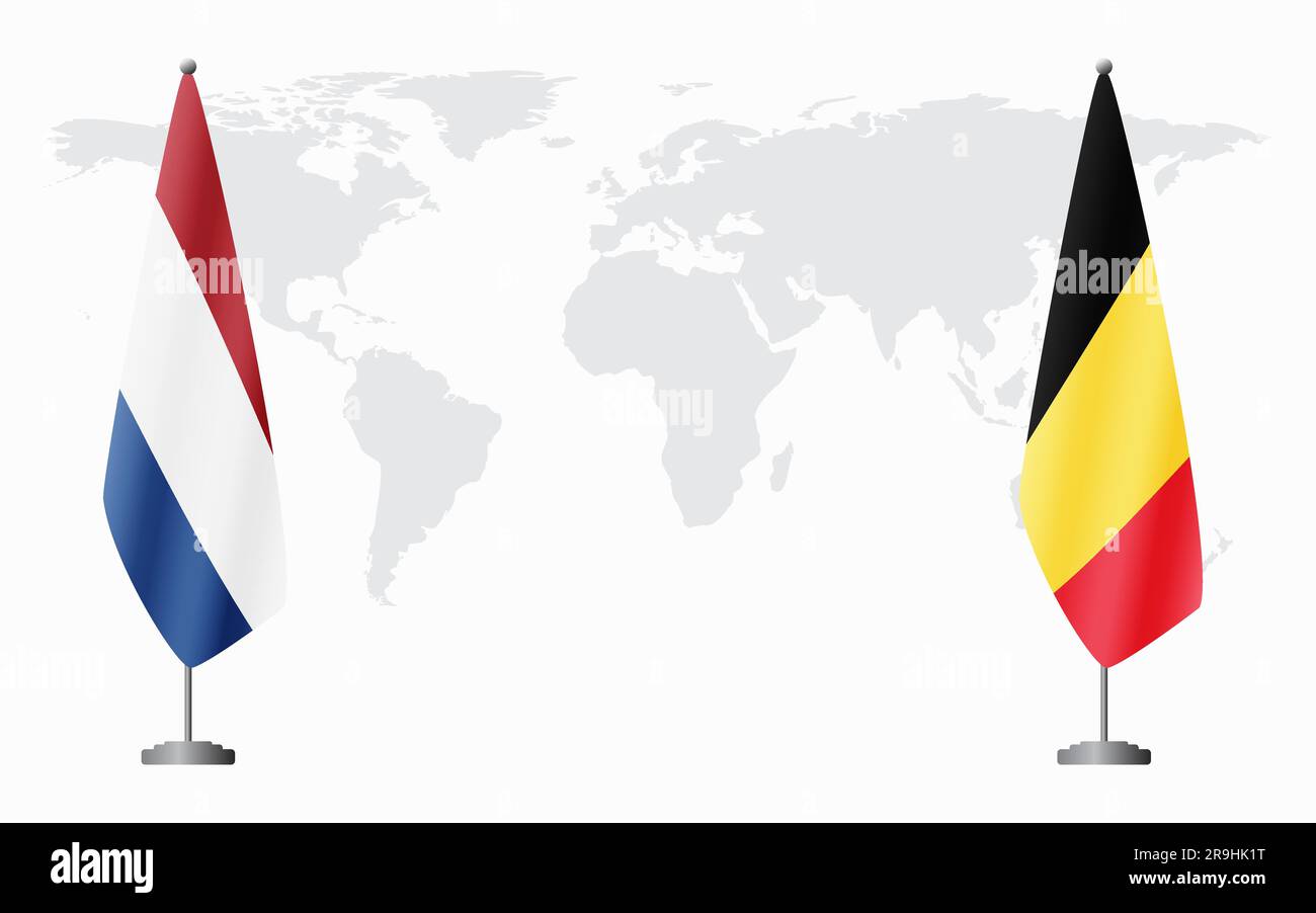 Netherlands and Belgium flags for official meeting against background ...