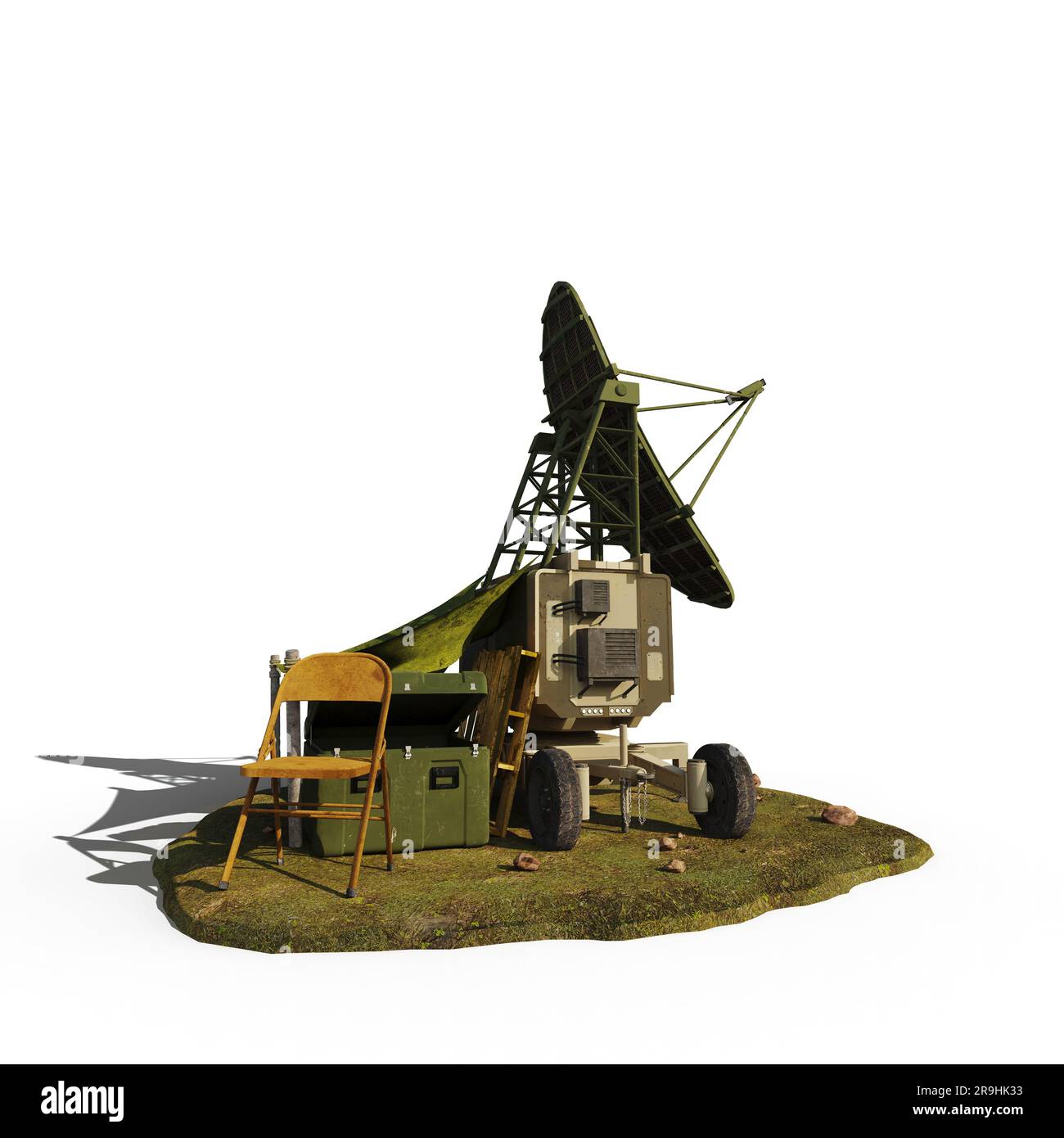 A 3D rendered scale model of a small military satellite next to a crate ...