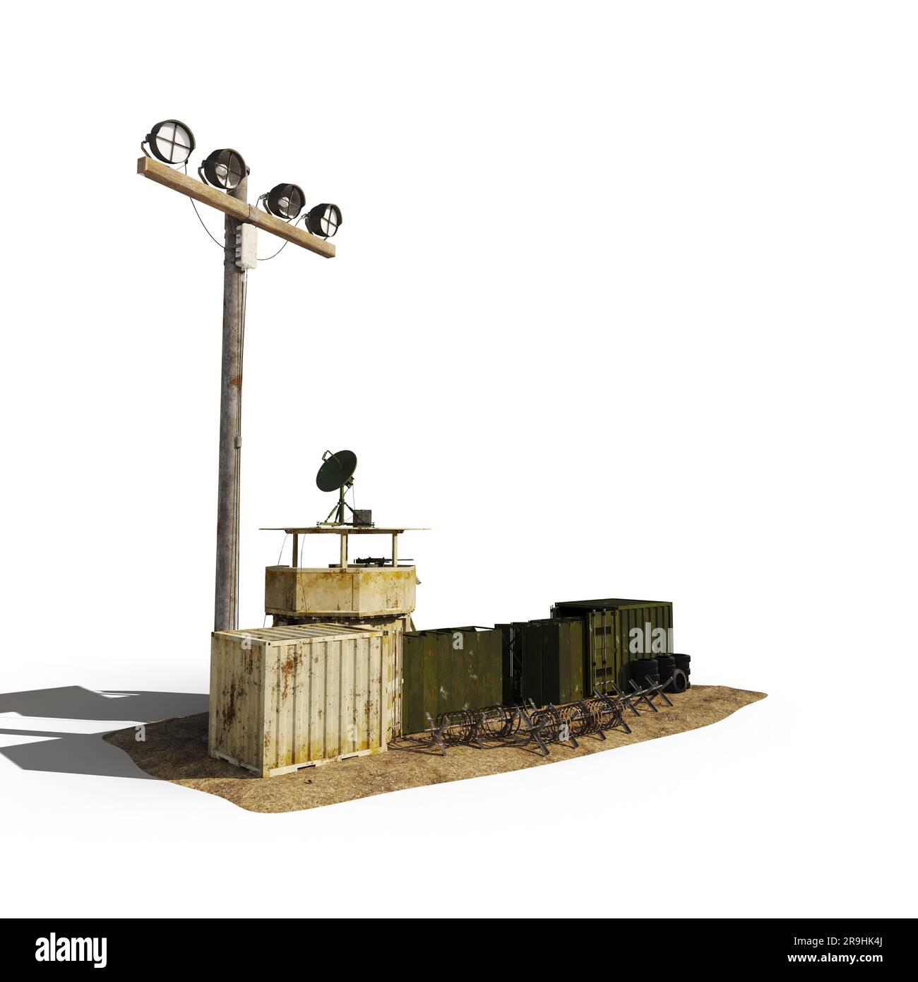 A 3D rendered scale model of a warzone with a watch tower Stock Photo ...