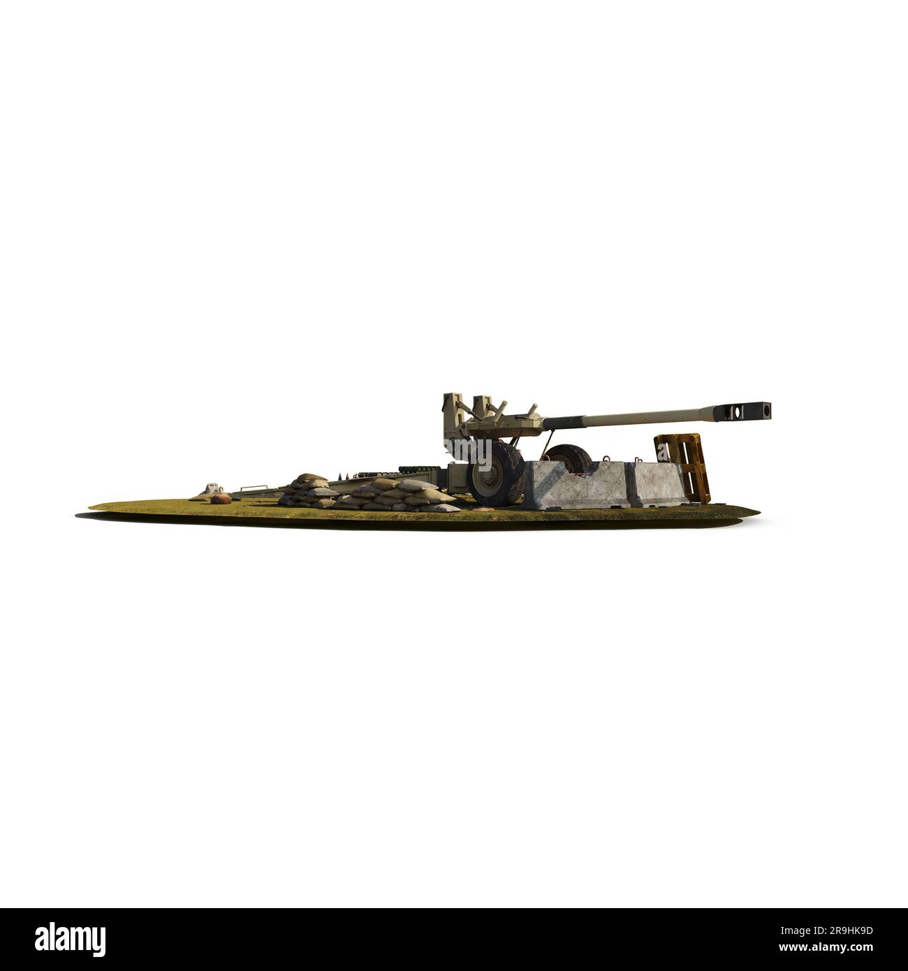 A side view 3D rendered scale model of an anti-aircraft gun with wheels ...