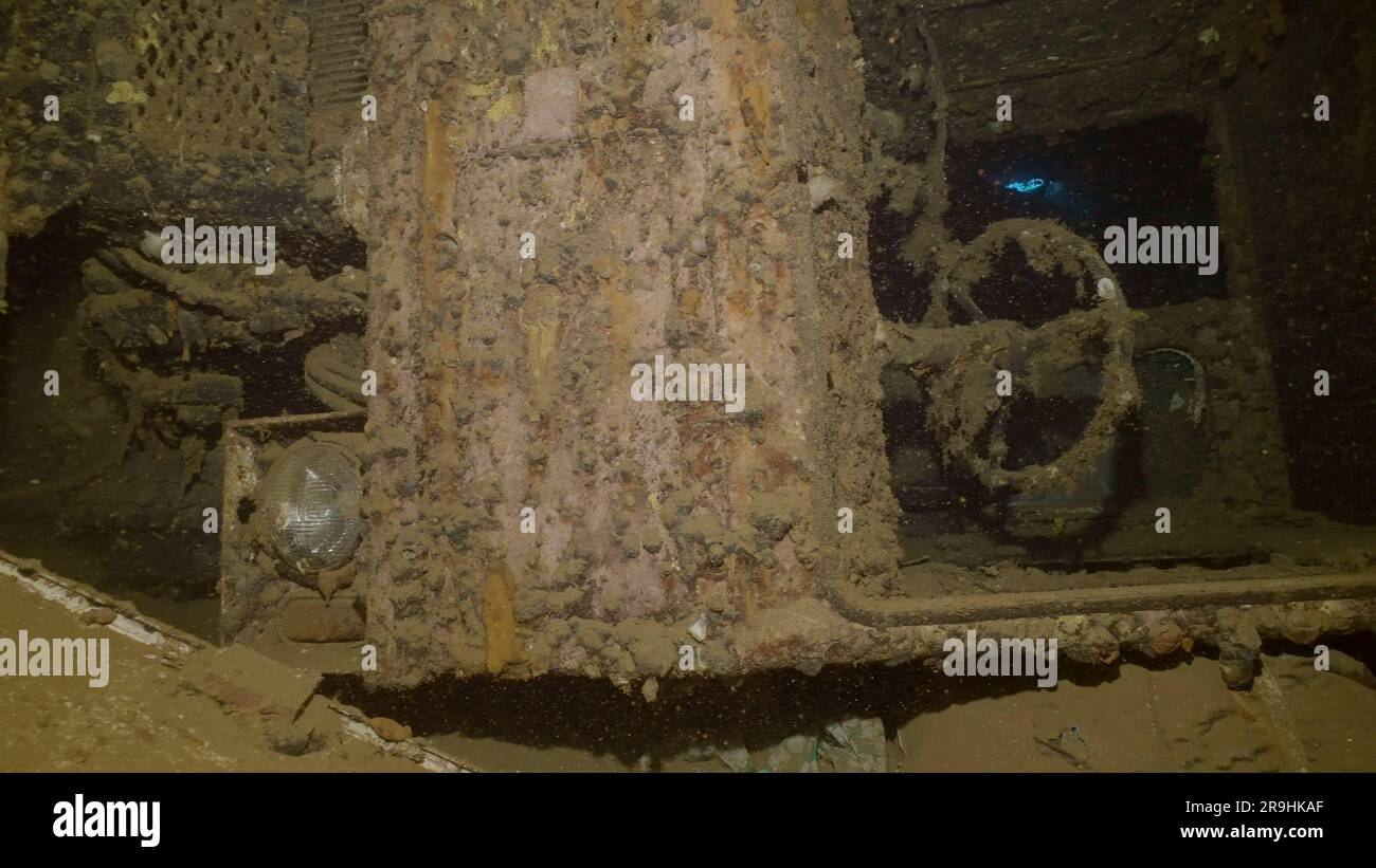 Close-up of truck cab lying on its side inside hold of ferry Salem ...