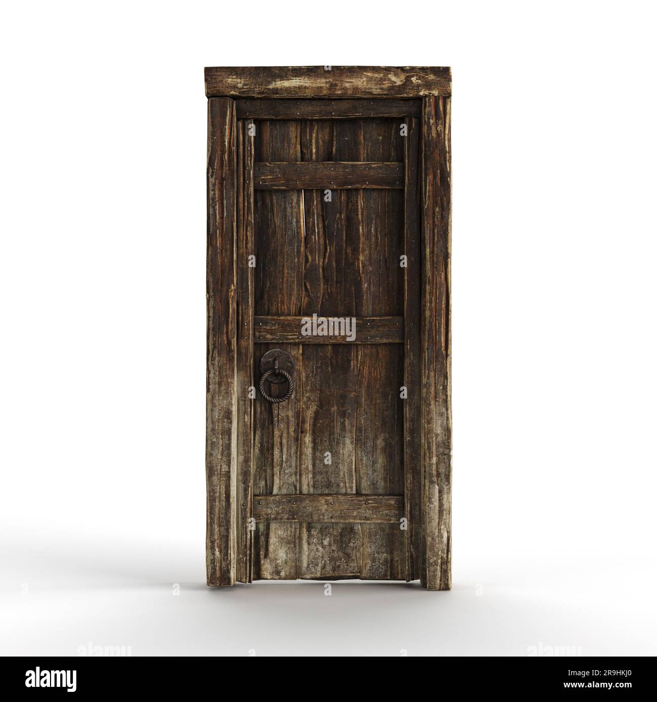 A 3D rendered scale model of an antique wooden door with a latch Stock ...