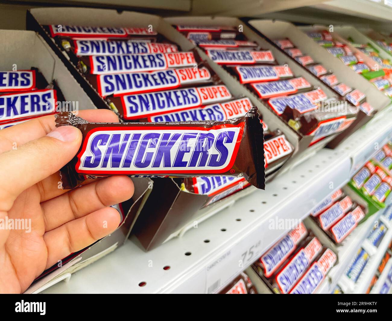 Tyumen, Russia-June 14, 2023: Snickers bar is a chocolate bar with ...