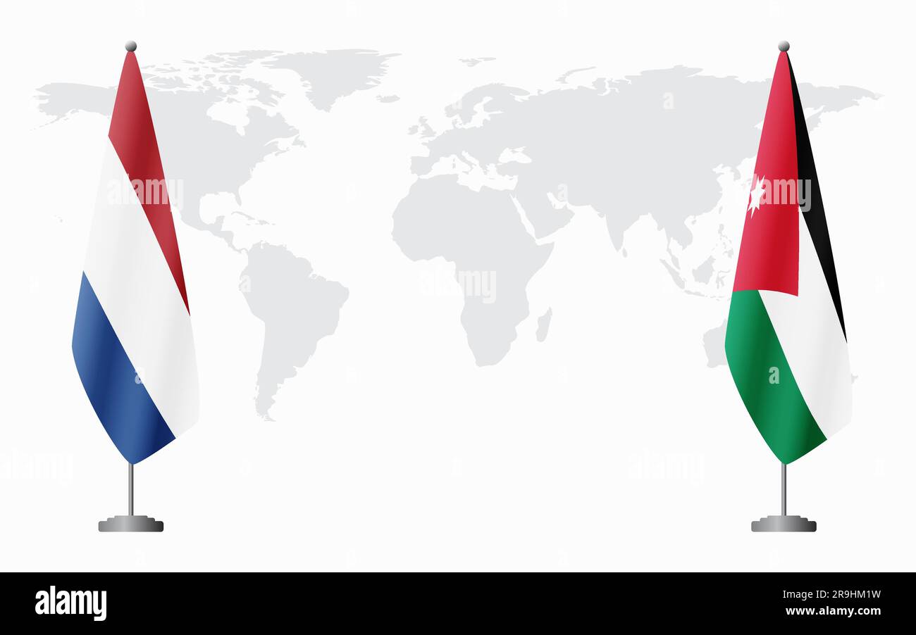 Netherlands and Jordan flags for official meeting against background of ...