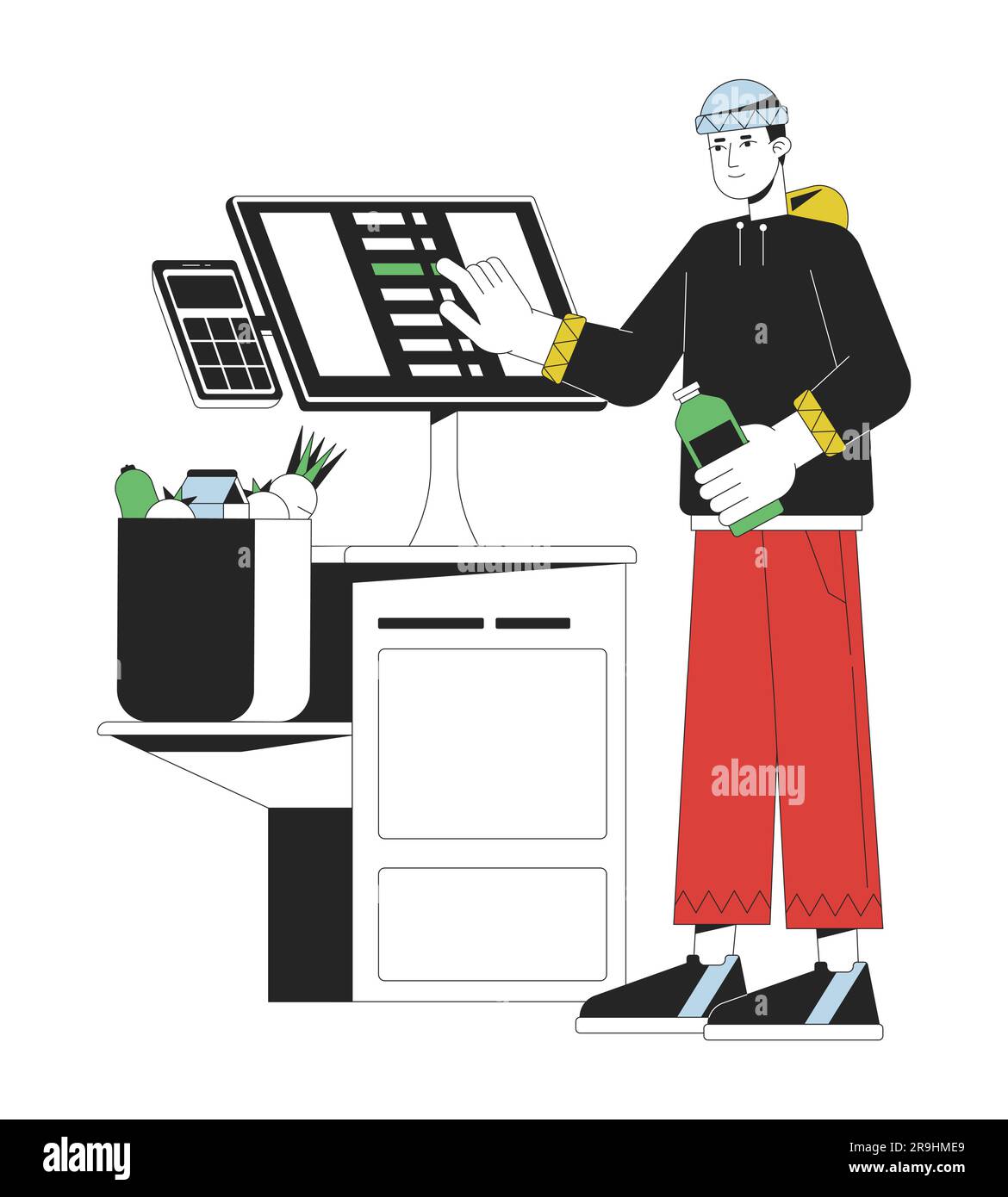 Man Near Self Service Checkout Flat Line Concept Vector Spot